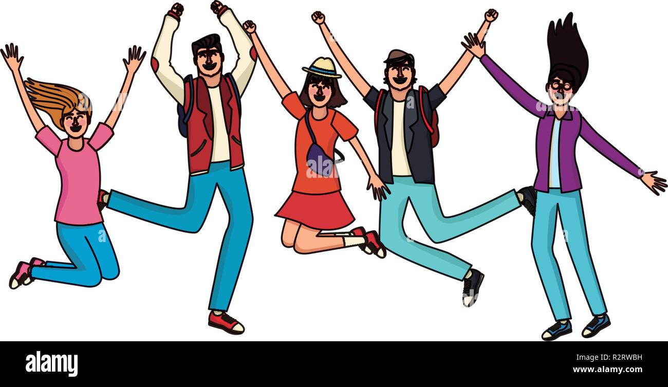 Young and happy student friends jumping cartoons vector illustration ...