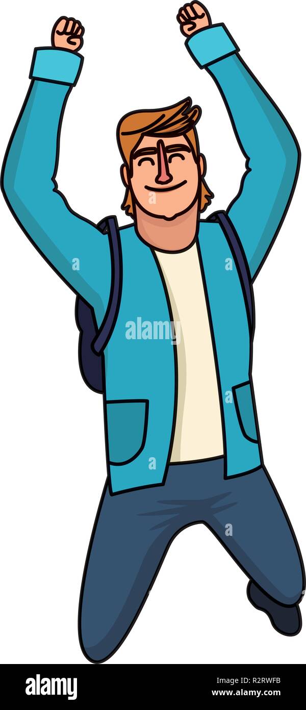 Happy and young man with arms up cartoon profile vector illustration ...