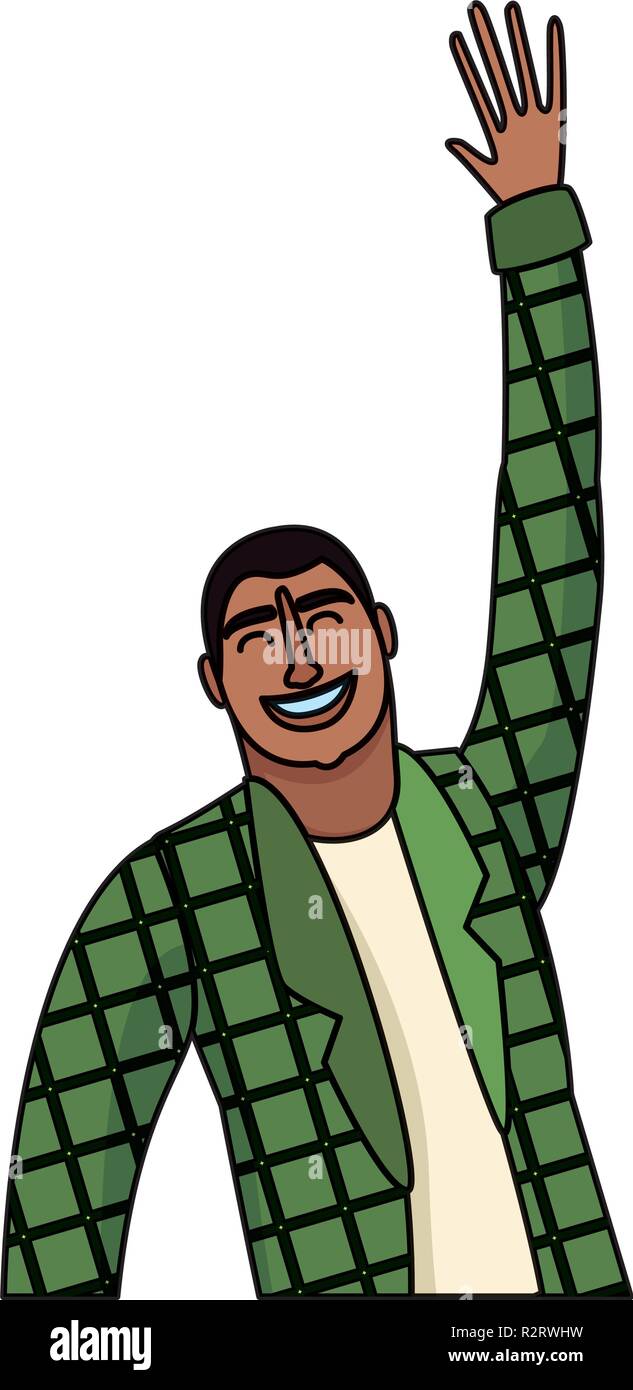 Happy and young man with arms up cartoon profile vector illustration ...