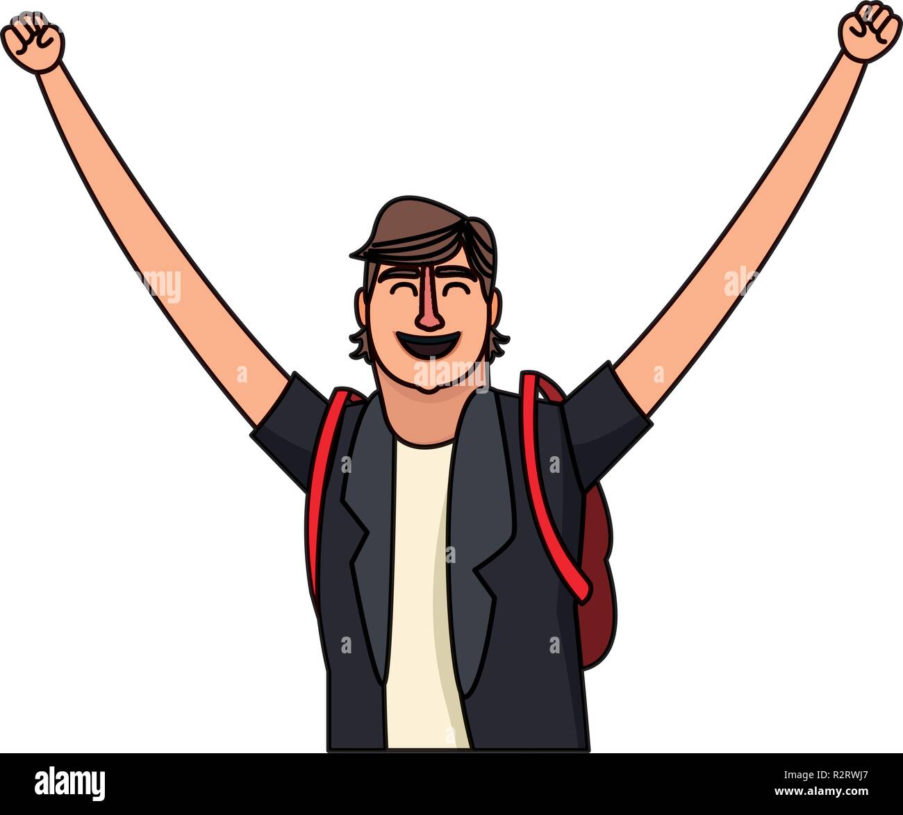 Happy and young man with arms up cartoon profile vector illustration ...