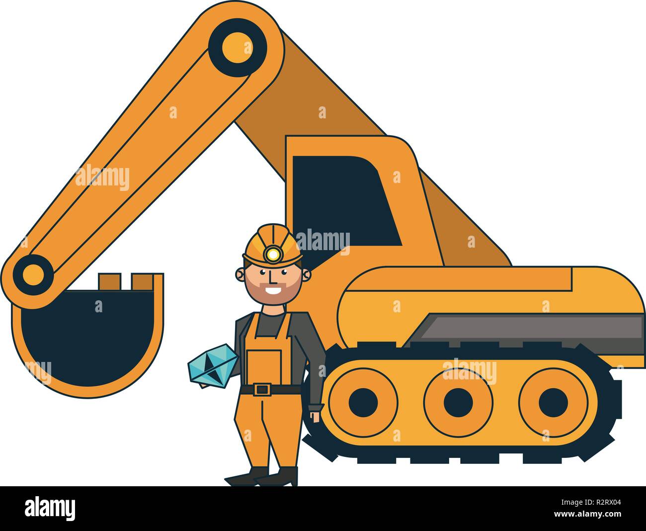 Mining worker with diamond and backhoe vector illustration graphic ...