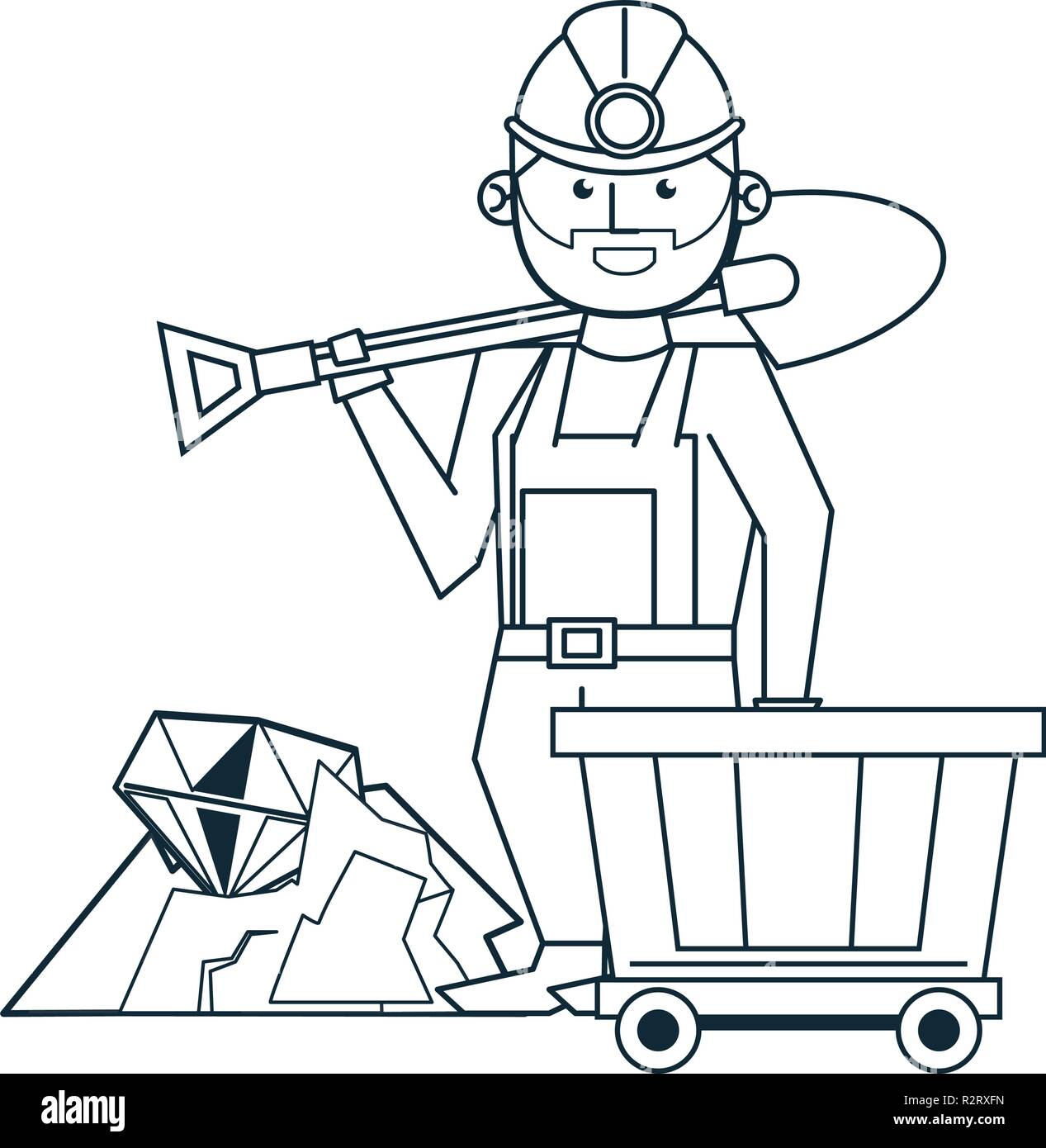 Mining worker with shovel and diamond with cart wagon vector ...