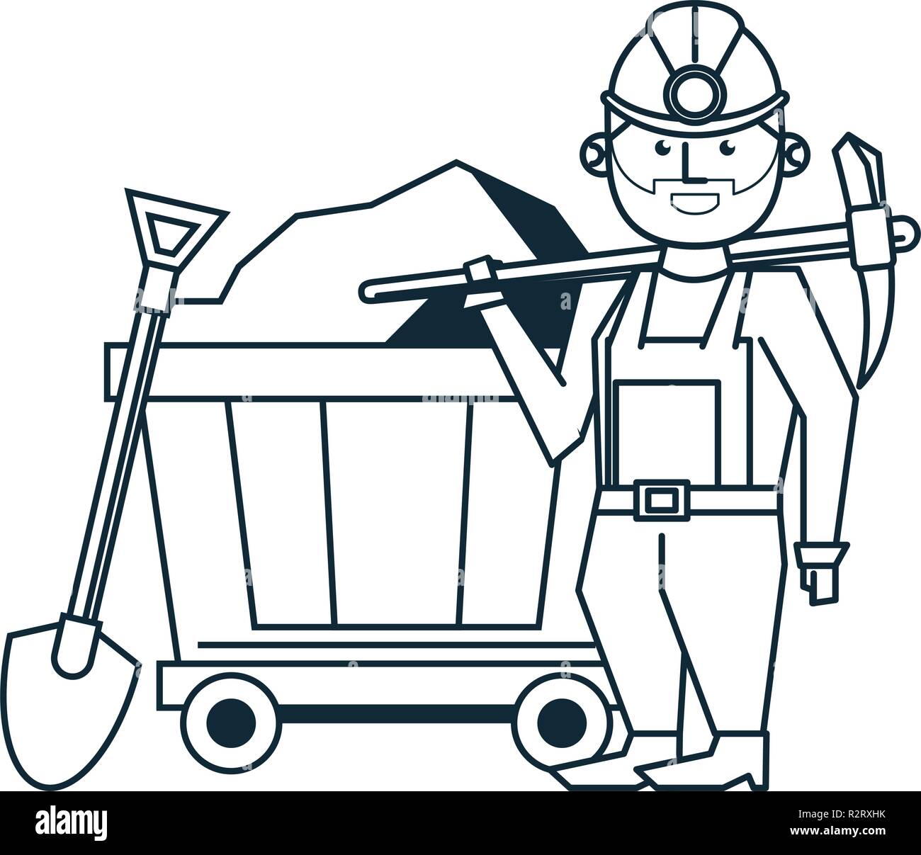 Mining worker with pick and cart wagon vector illustration graphic ...