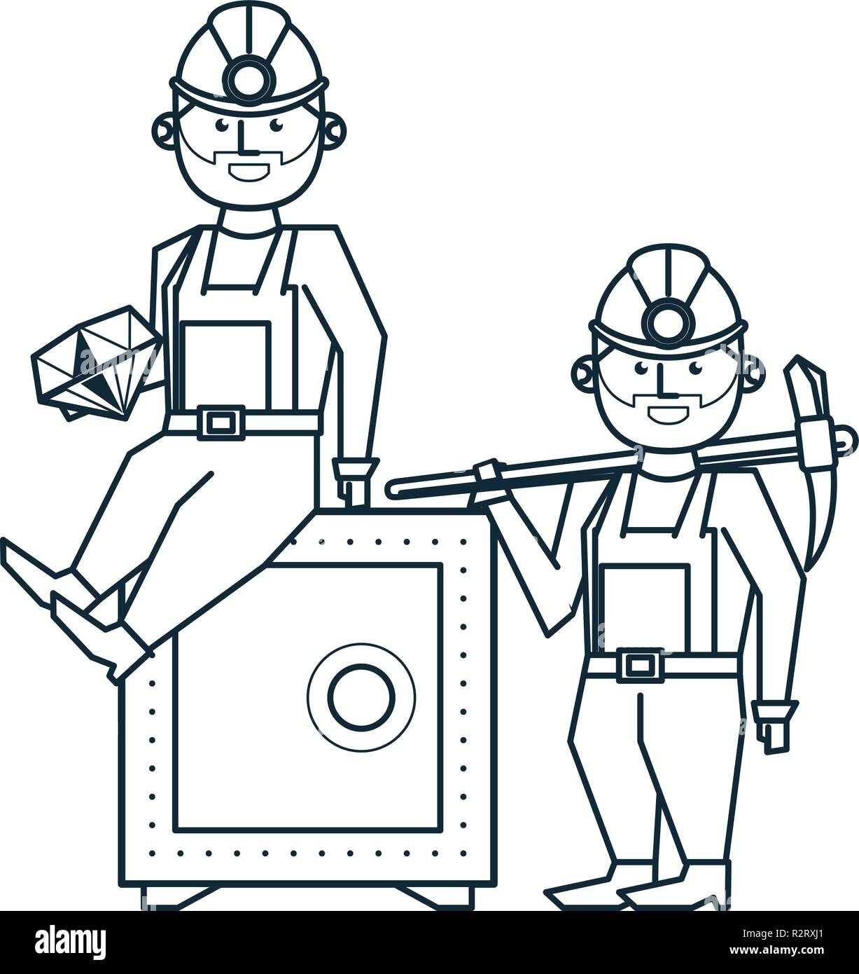 Mining workers with tools and strongbox vector illustration graphic ...
