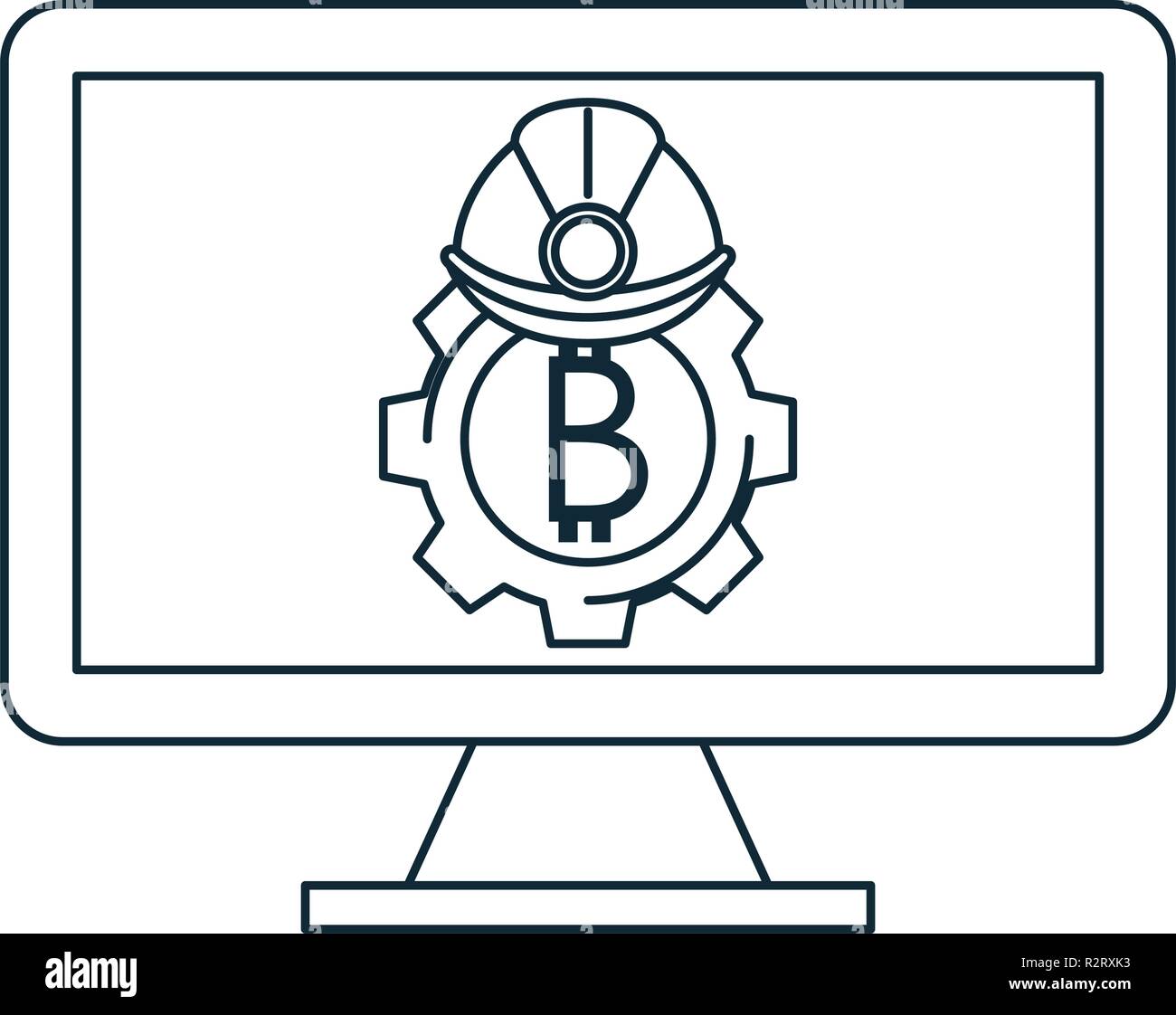 Bitcoin mining and investment gear and helmet on computer vector ...
