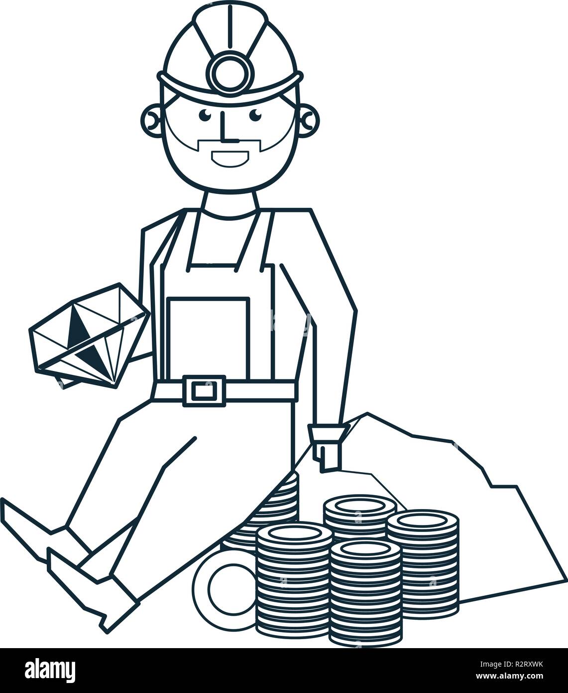 Mining worker with diamond seated on coins vector illustration graphic ...