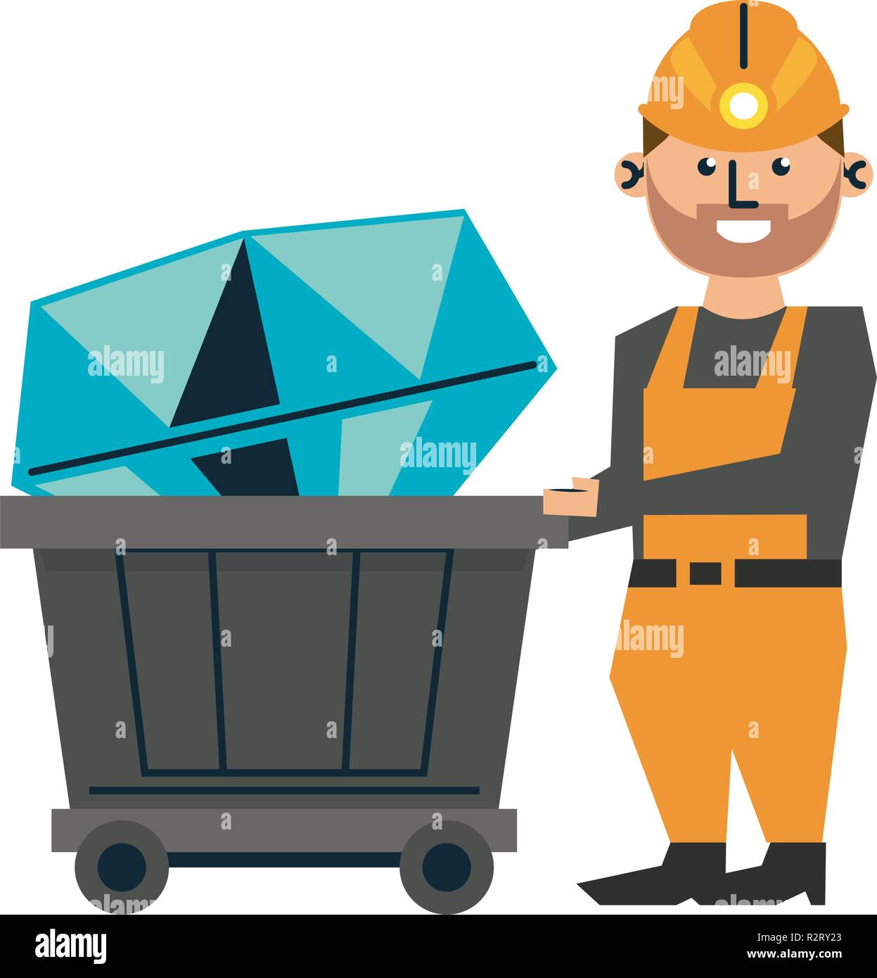 Mining worker pushing cart with diamond vector illustration graphic ...