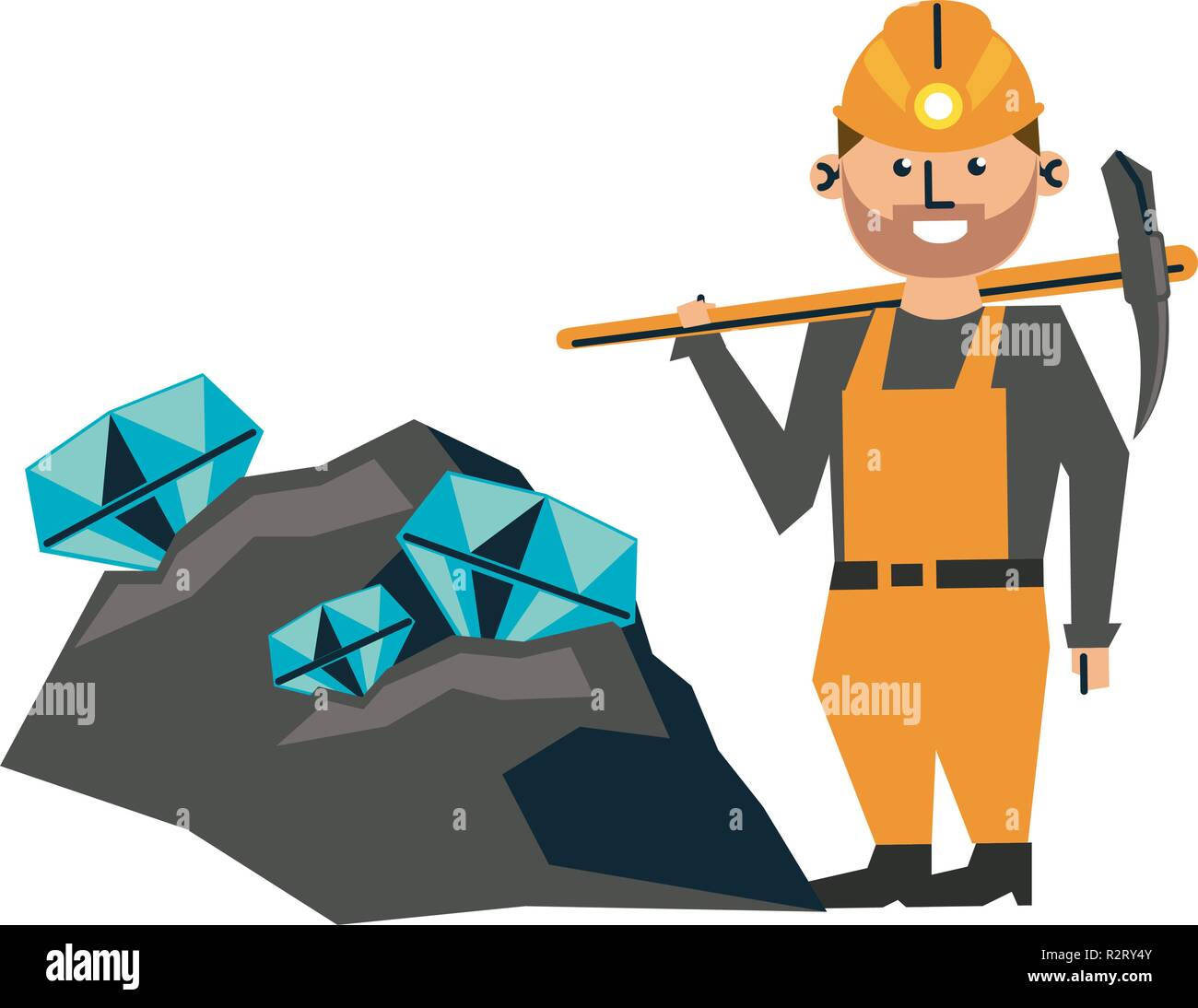 Mining worker with pick and diamonds mine vector illustration graphic ...
