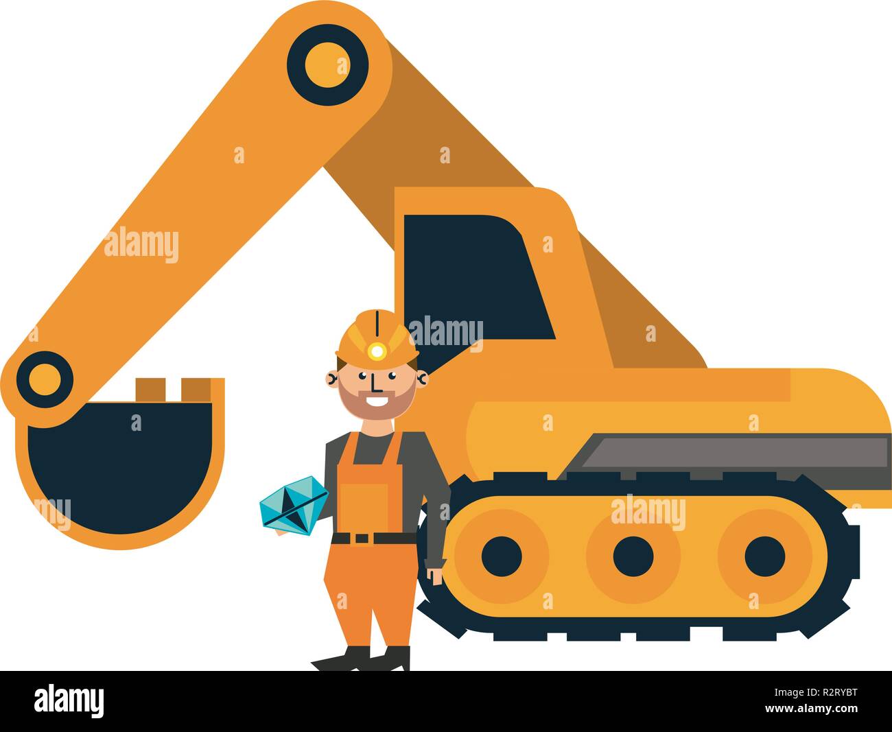 Mining worker with diamond and backhoe vector illustration graphic ...