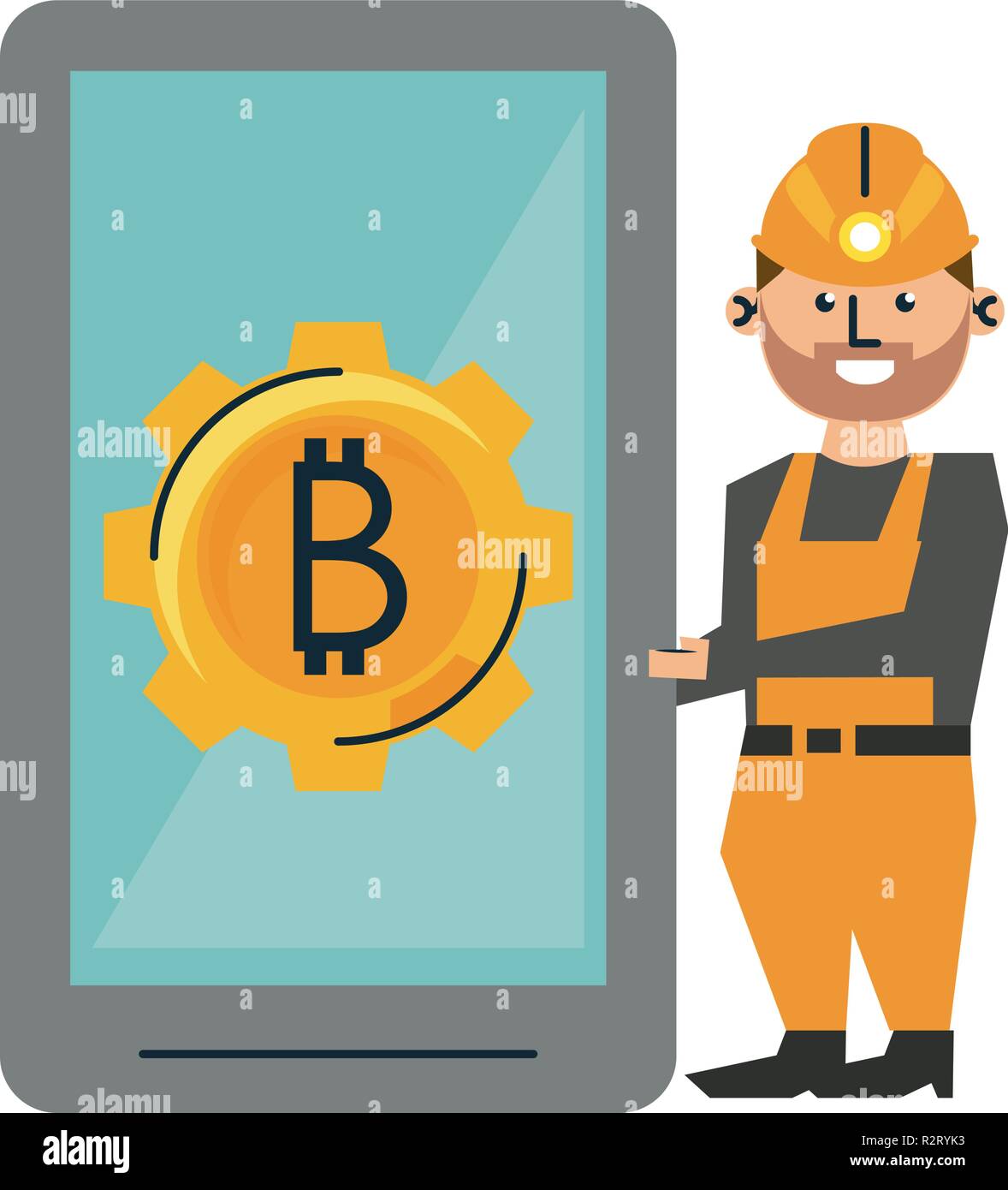 Bitcoin mining and investment smartphone and worker vector illustration ...