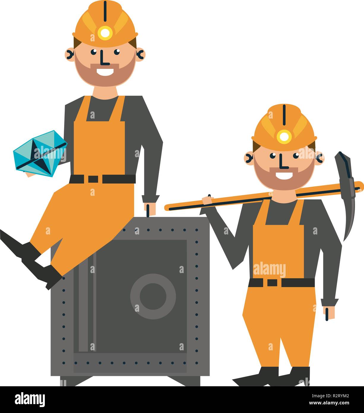 Mining workers with tools and strongbox vector illustration graphic ...