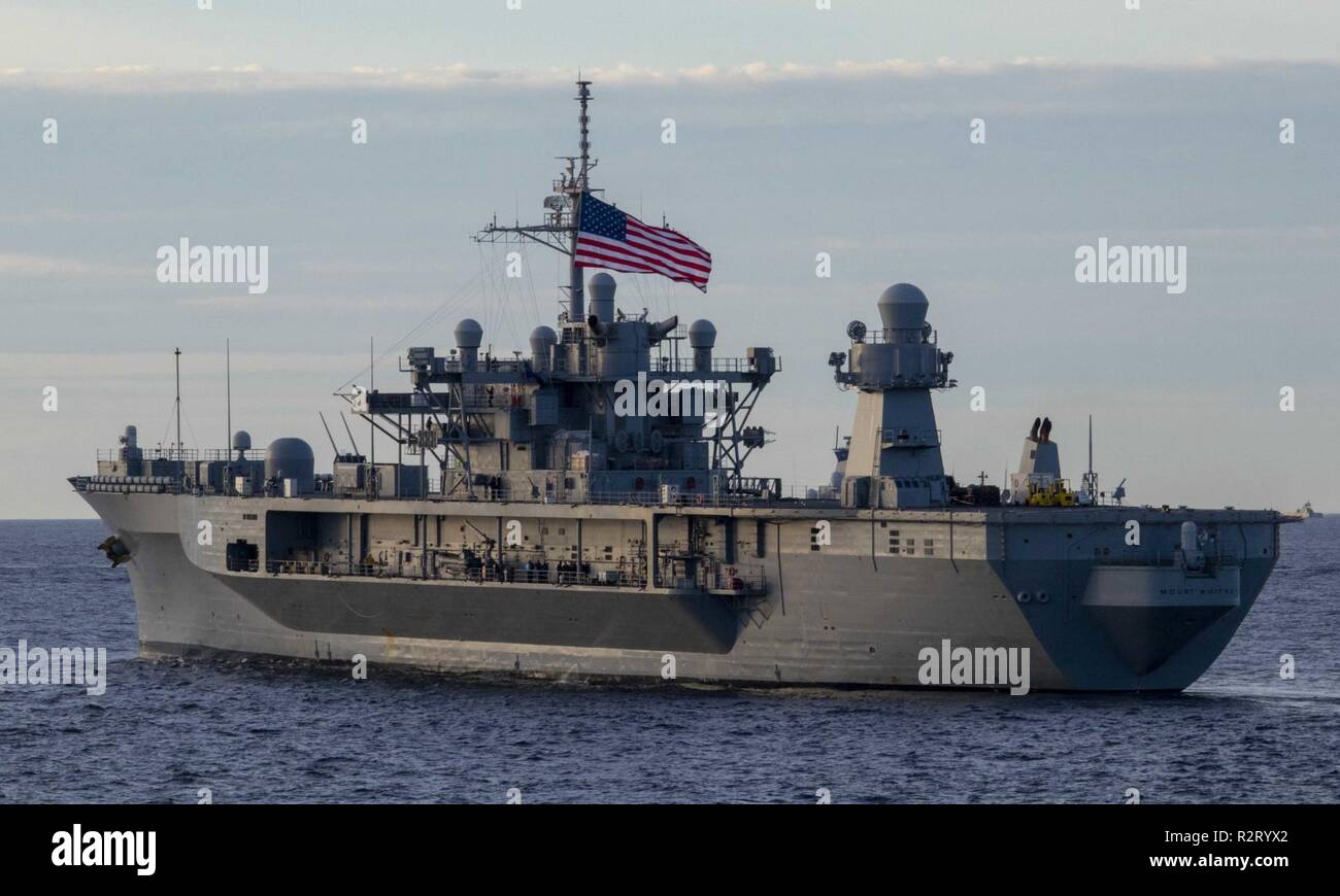 NORWEGIAN SEA (November 7, 2018) The Blue Ridge-class command ship USS ...