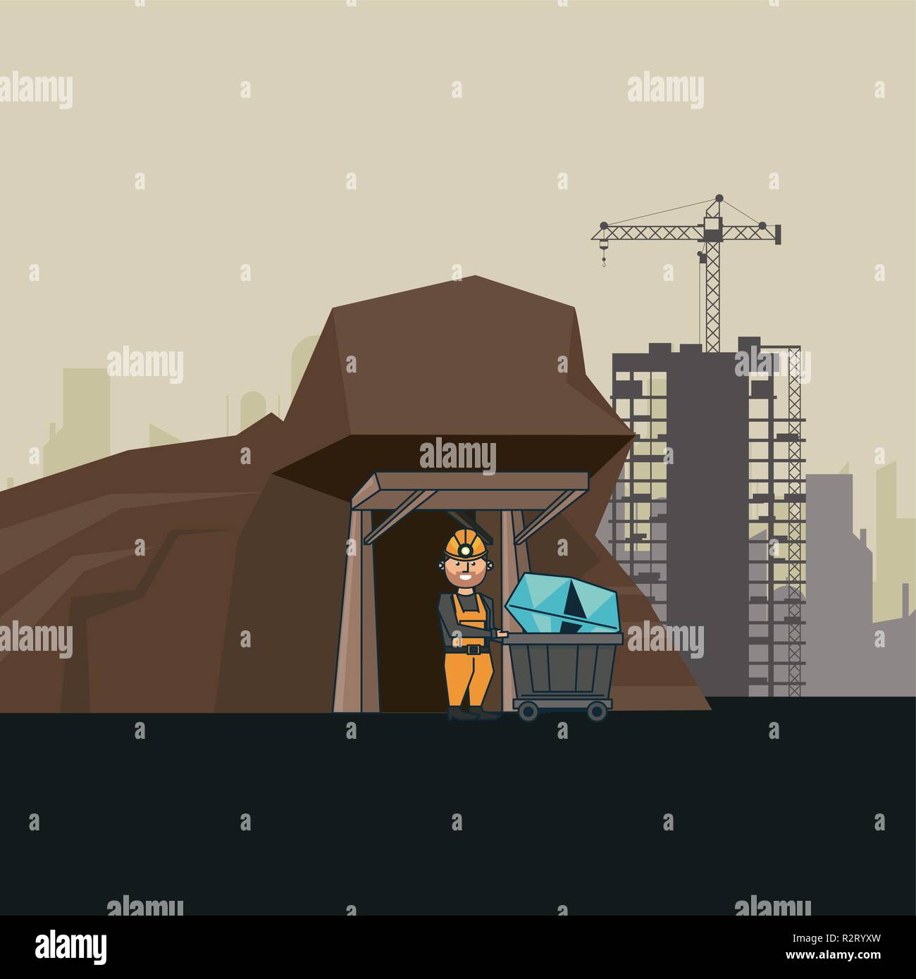 Mining pushing cart with diamond at mine on mine zone scenery vector ...