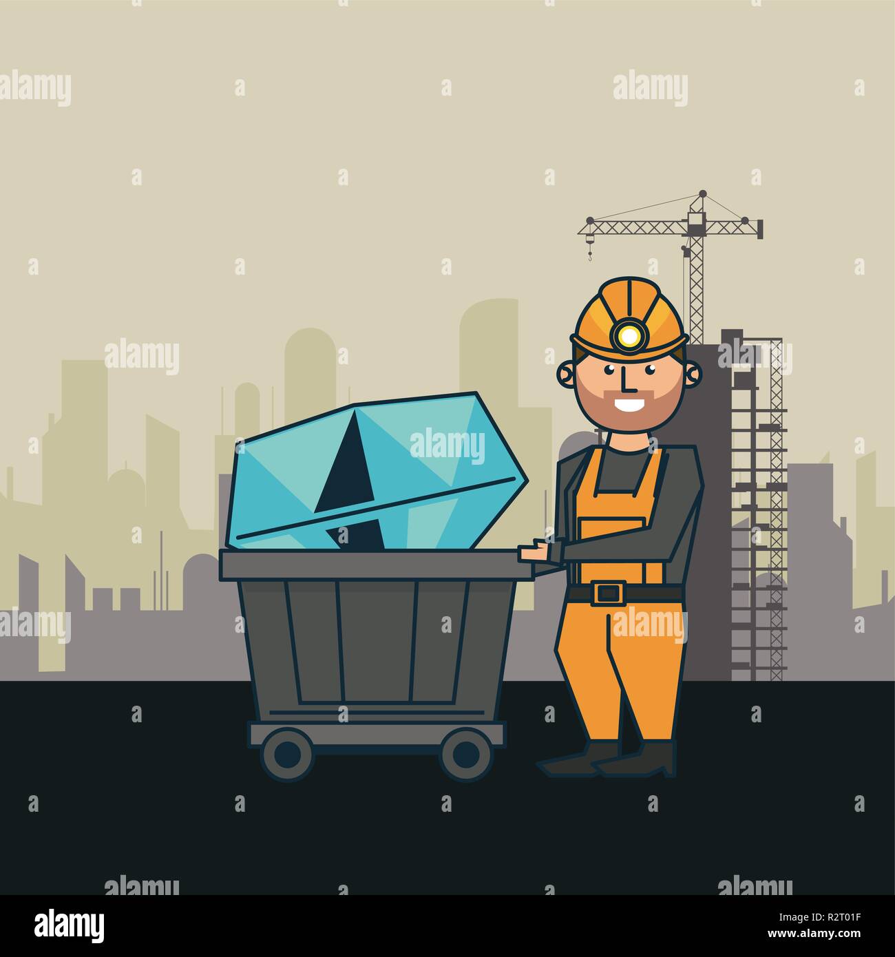 Mining worker pushing cart with diamond on mine zone scenery vector ...