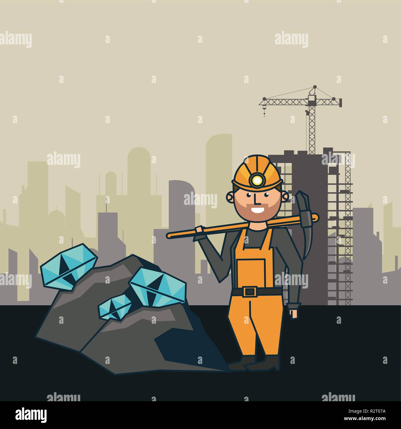 Mining worker with pick and diamonds mine on mine zone scenery vector ...