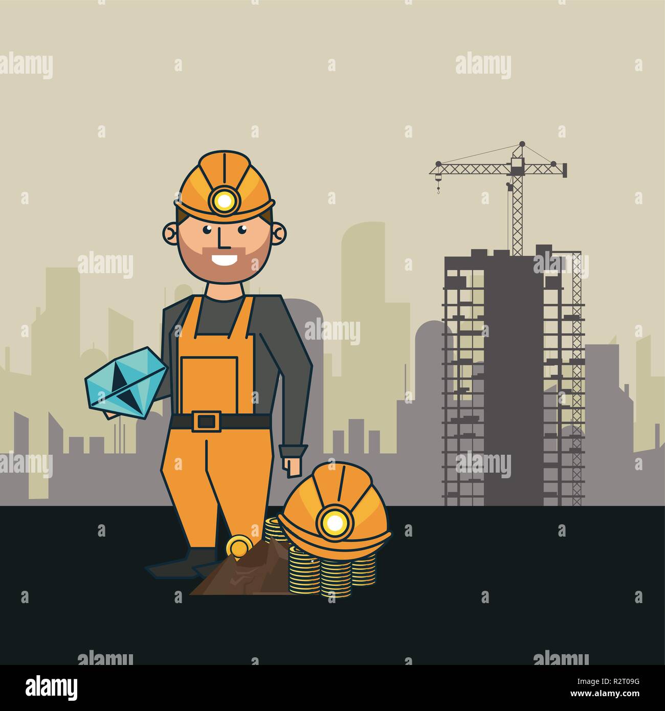 Mining worker with diamond and helmet on mine zone scenery vector ...
