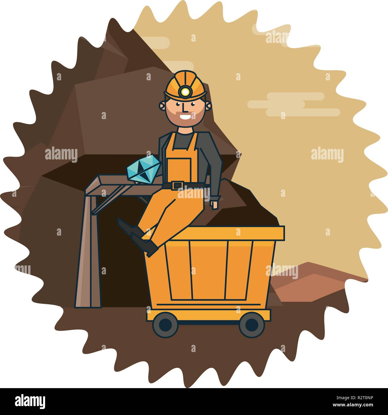Mining worker with diamond seated on cart inside round label frame ...