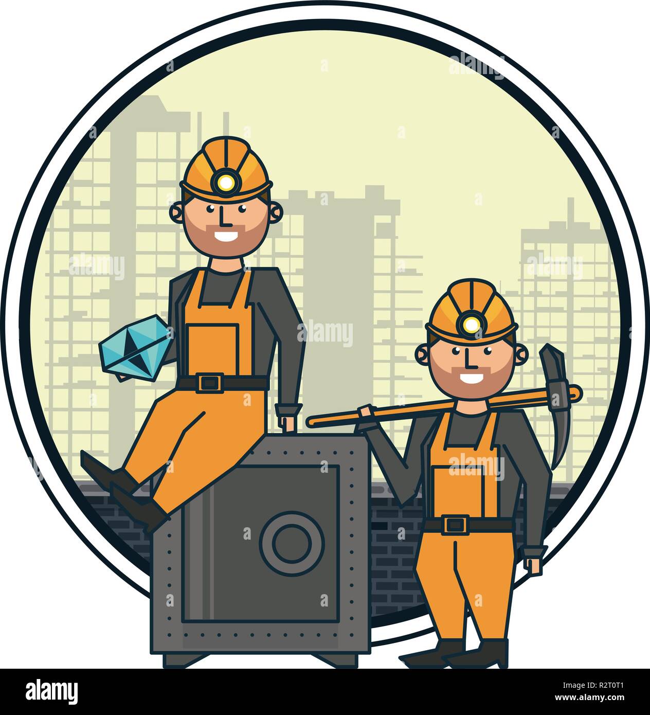 Mining workers with tools and strongbox over cityscape round symbol ...
