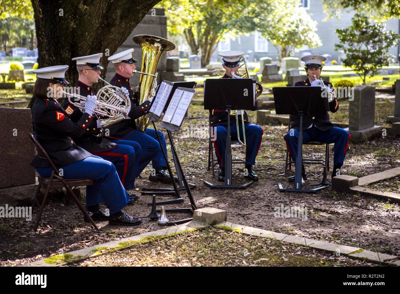 Members from the Marine Forces Reserve Band perform during a wreath ...