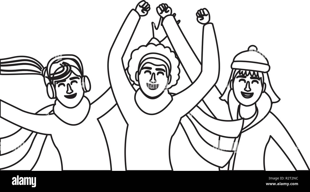 Happy friends in winter clothes in black and white vector illustration ...