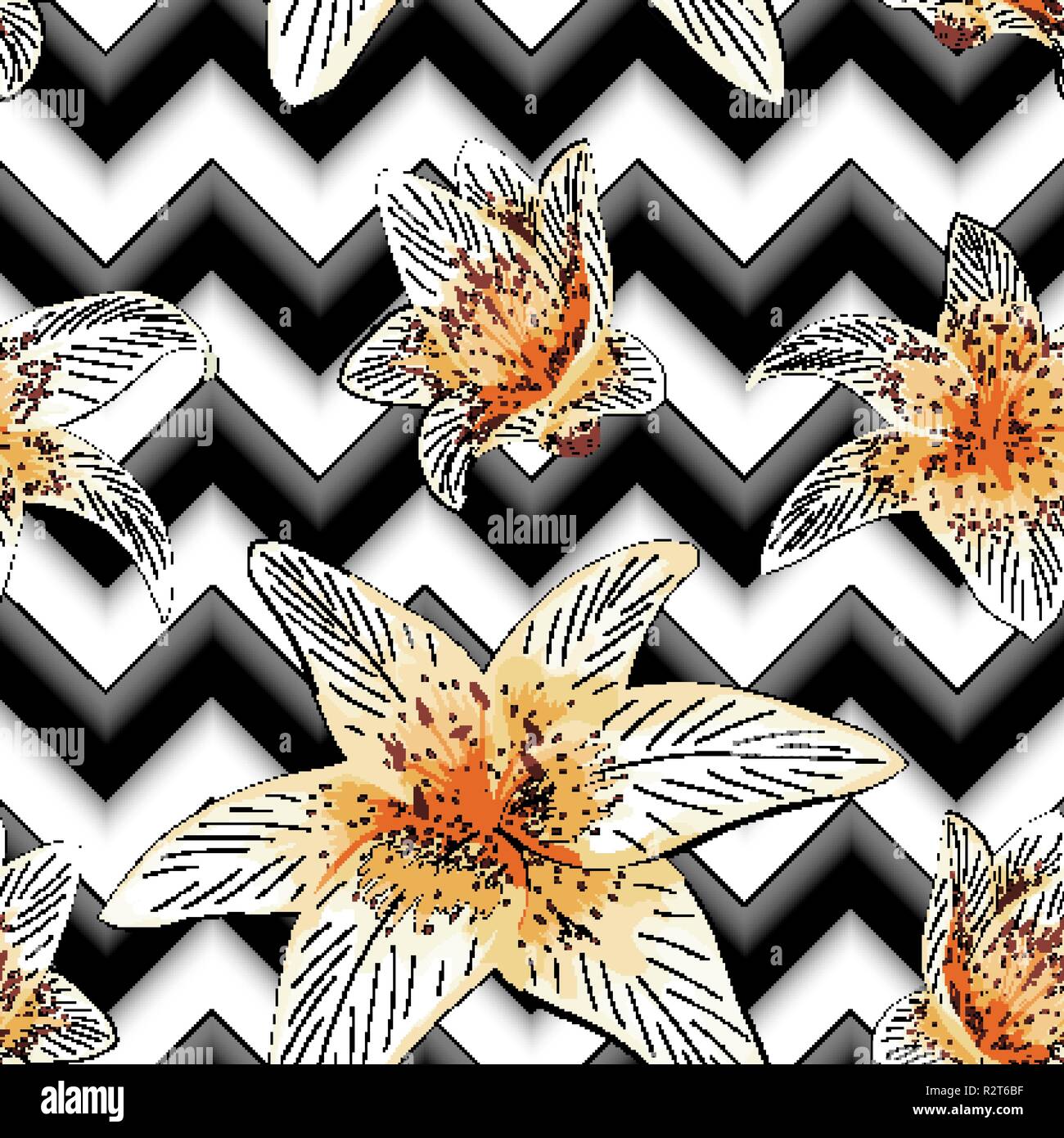 Seamless pattern with image tiger lily flowers on a geometric ...