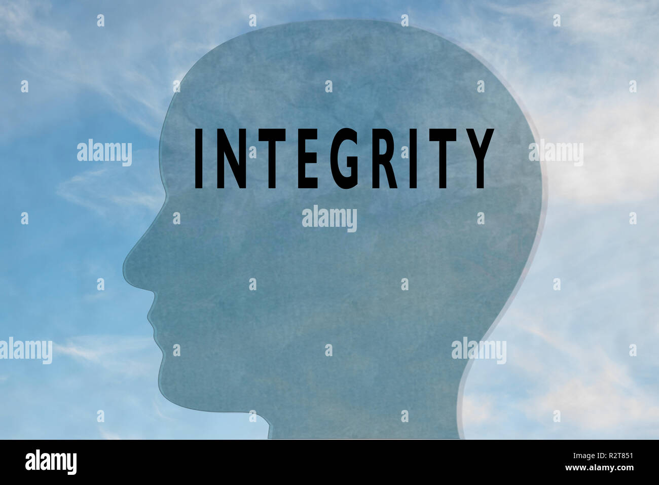 Render illustration of INTEGRITY title on head silhouette, with cloudy ...