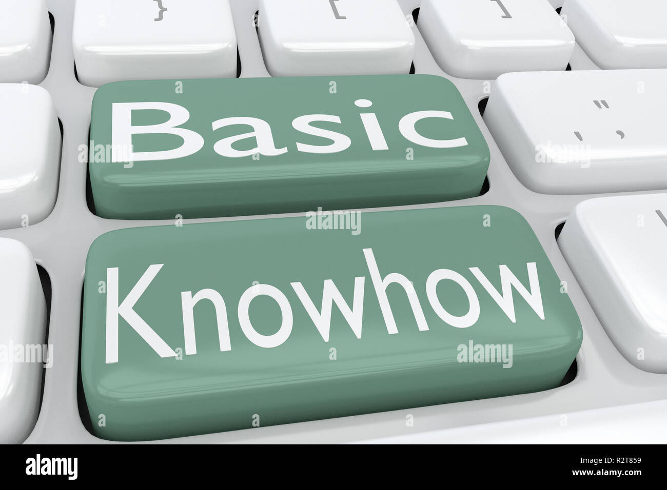 3D illustration of computer keyboard with the script Basic Knowhow on two adjacent green buttons ...