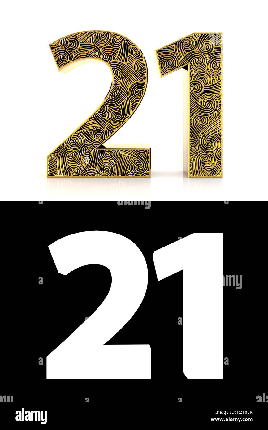 Golden number twenty-one (21 years) on white background with pattern ...