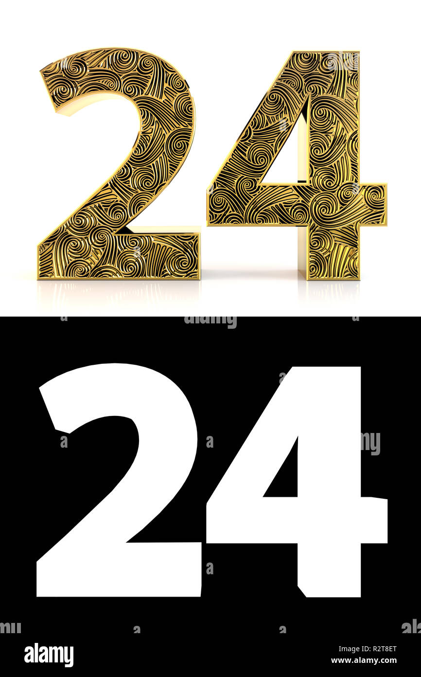 Golden number twenty-four (24 years) on white background with pattern ...