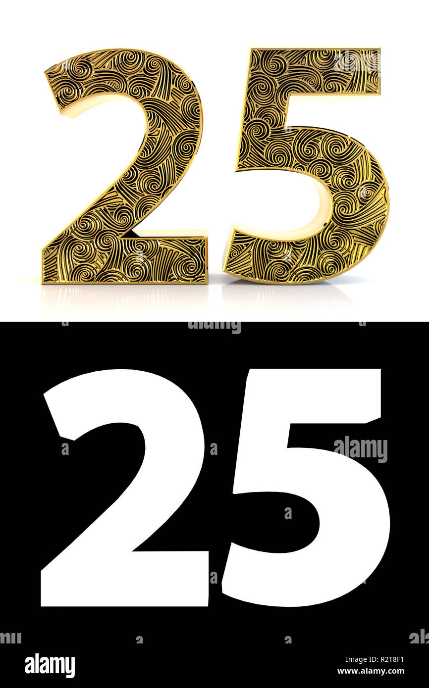Golden number twenty-five (25 years) on white background with pattern ...