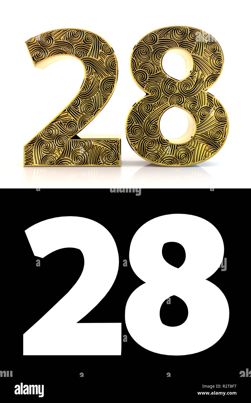 Golden number twenty-eight (28 years) on white background with pattern ...