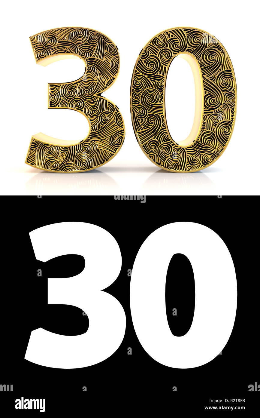 Golden number thirty (30 years) on white background with pattern style ...