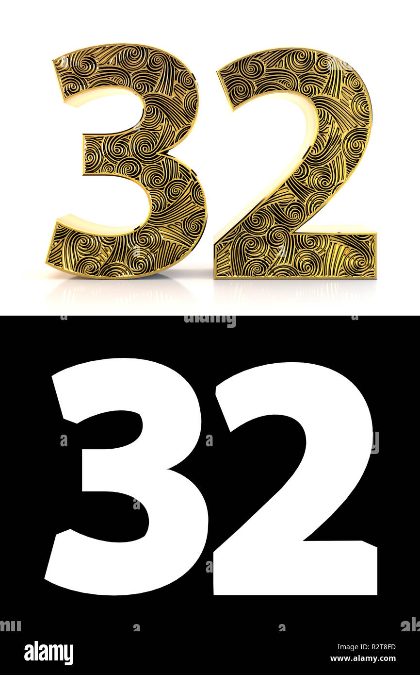 Golden number thirty-two (32 years) on white background with pattern ...