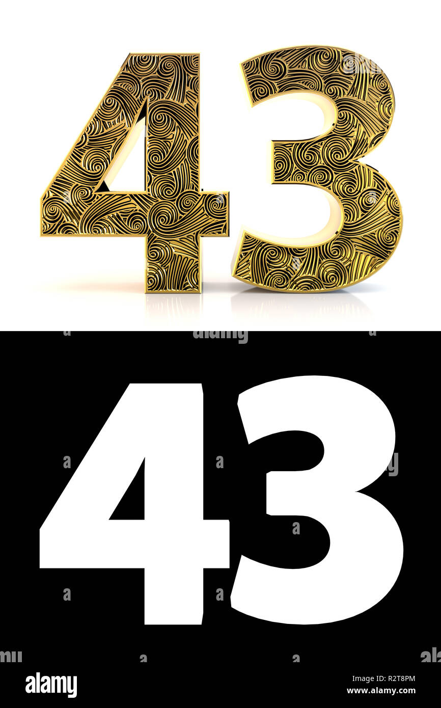 Golden number forty-three (43 years) on white background with pattern ...