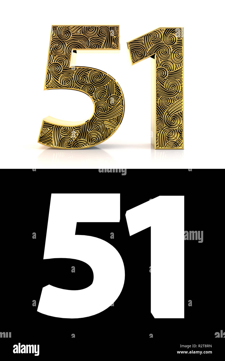 Golden number fifty-one (51 years) on white background with pattern ...