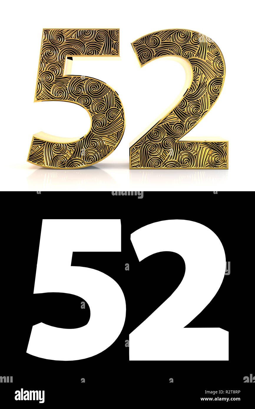 Golden number fifty-two (52 years) on white background with pattern ...