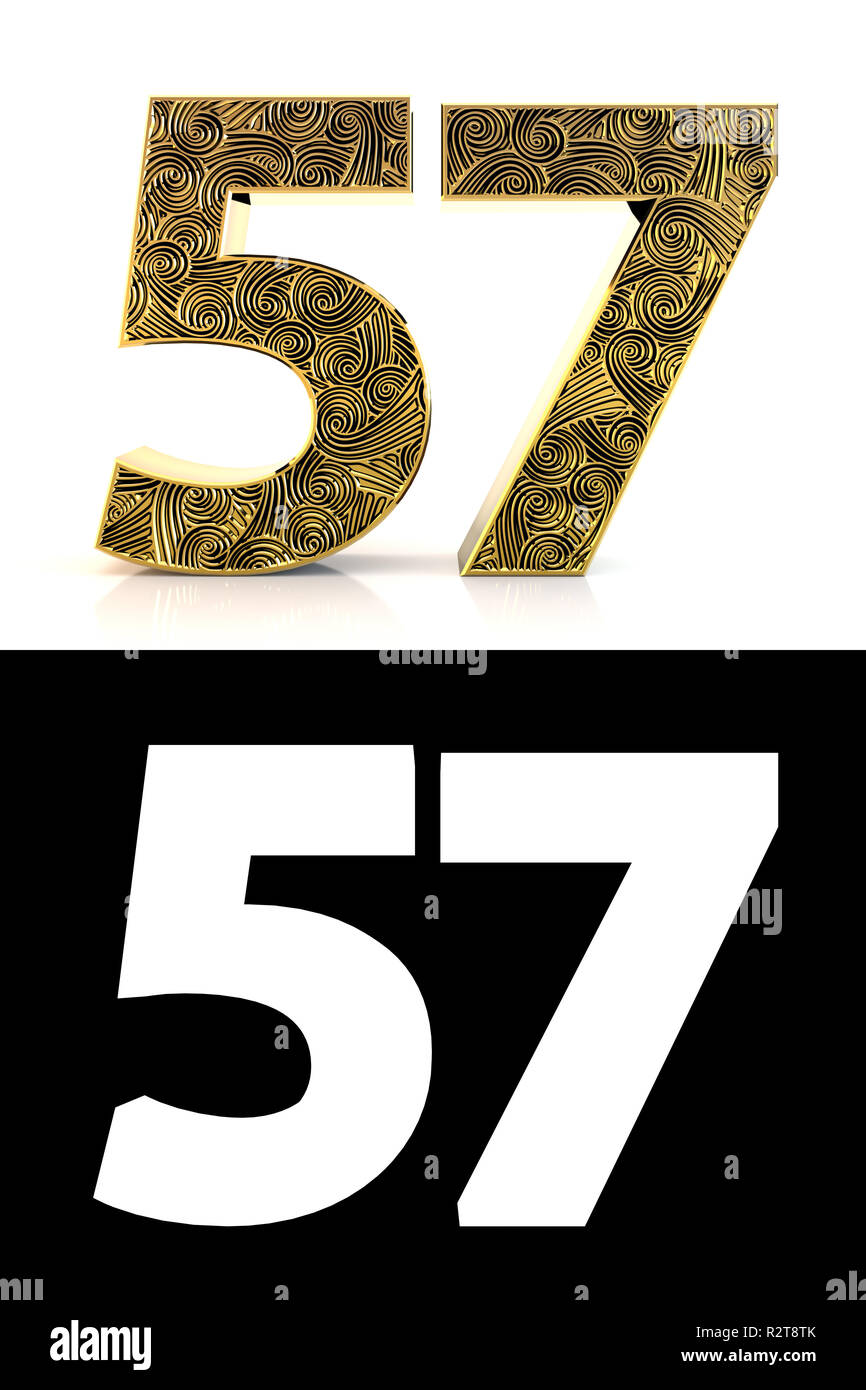Golden number fifty-seven (57 years) on white background with pattern ...