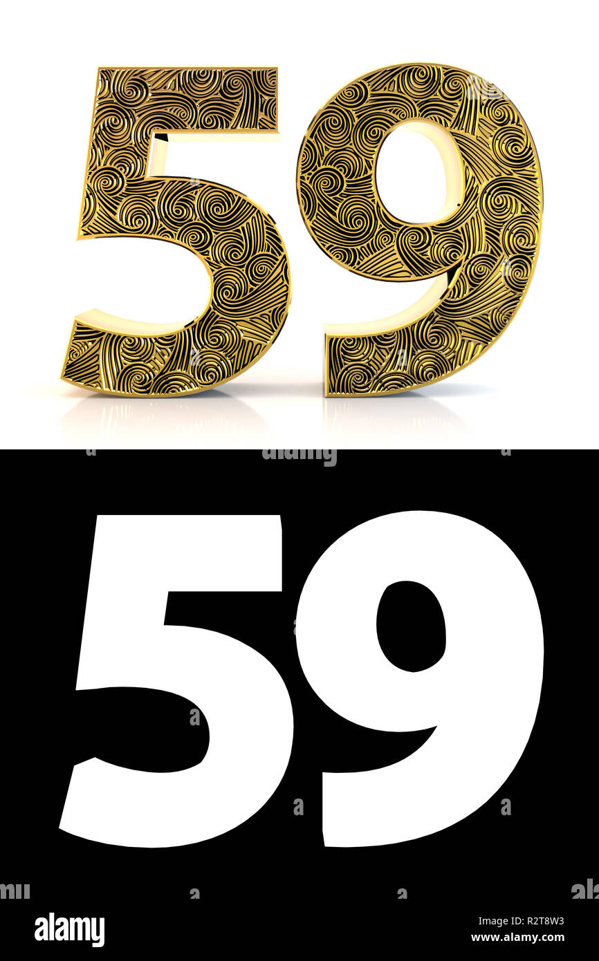 Golden number fifty-nine (59 years) on white background with pattern ...