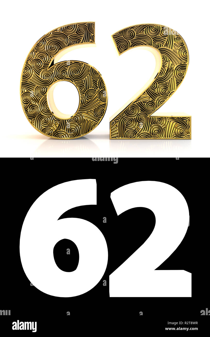 Golden number sixty-two (62 years) on white background with pattern ...