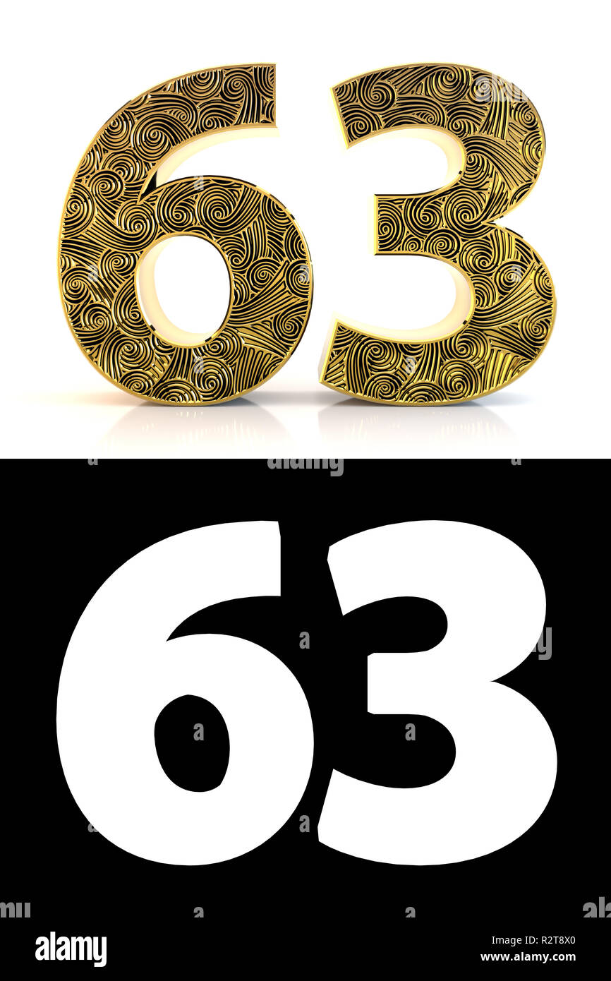 Golden number sixty-three (63 years) on white background with pattern ...