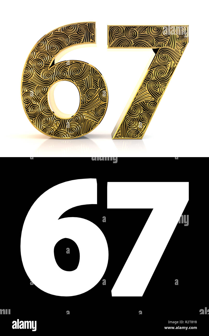 Golden number sixty-seven (67 years) on white background with pattern ...