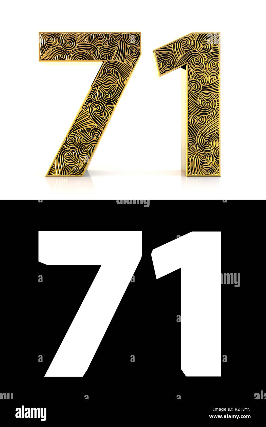 Golden number seventy-one (71 years) on white background with pattern ...