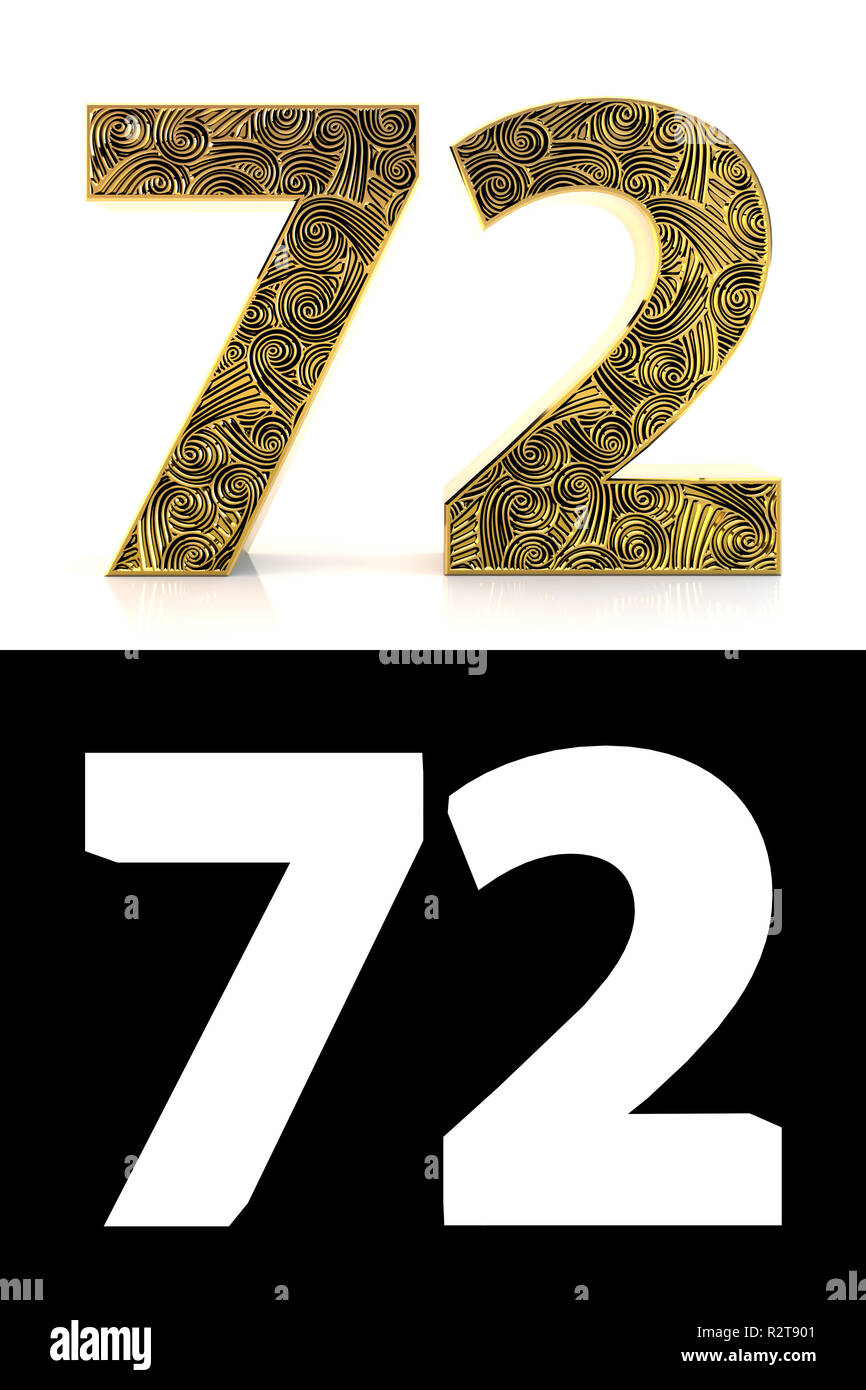 Golden number seventy-two (72 years) on white background with pattern ...
