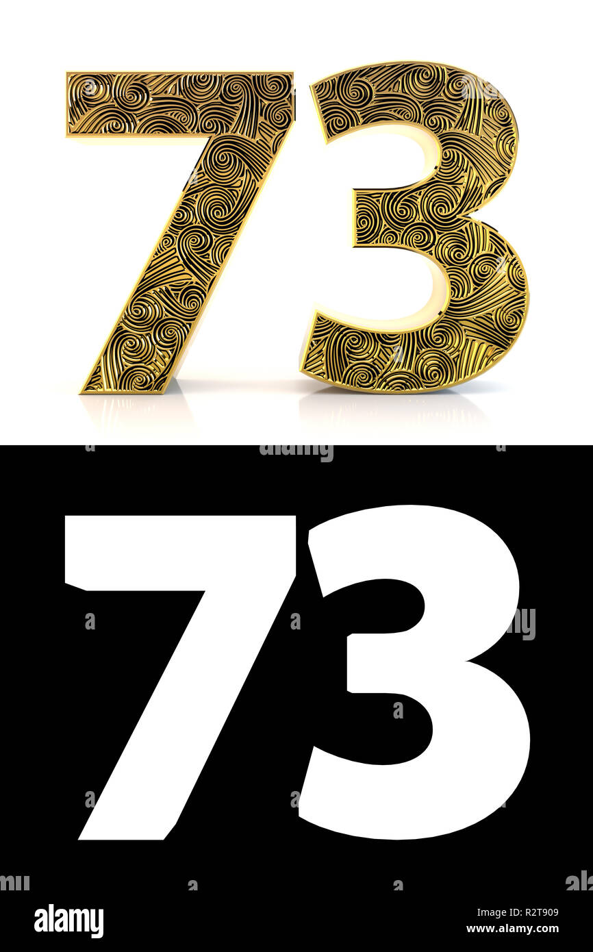 Golden number seventy-three (73 years) on white background with pattern ...