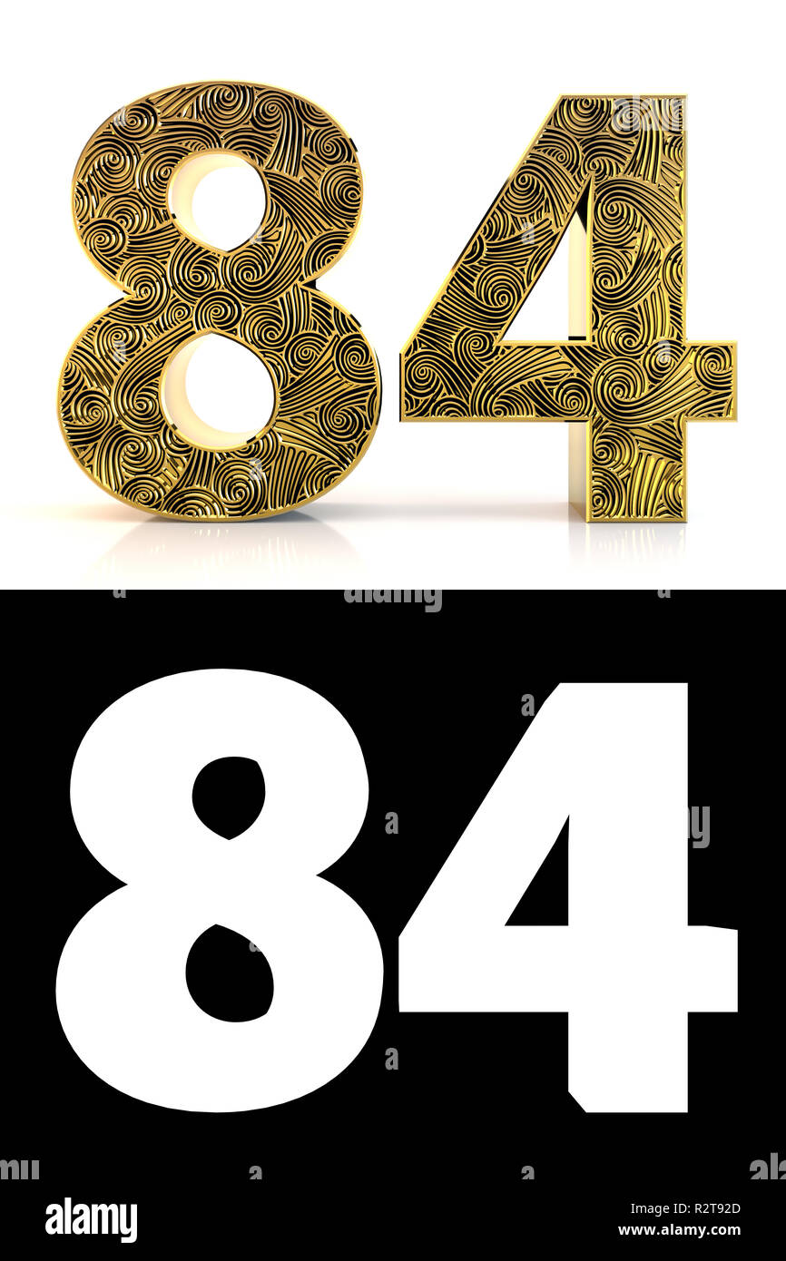 Golden number eighty-four (84 years) on white background with pattern ...