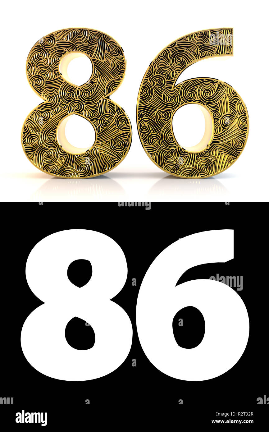 Golden number eighty-six (86 years) on white background with pattern ...