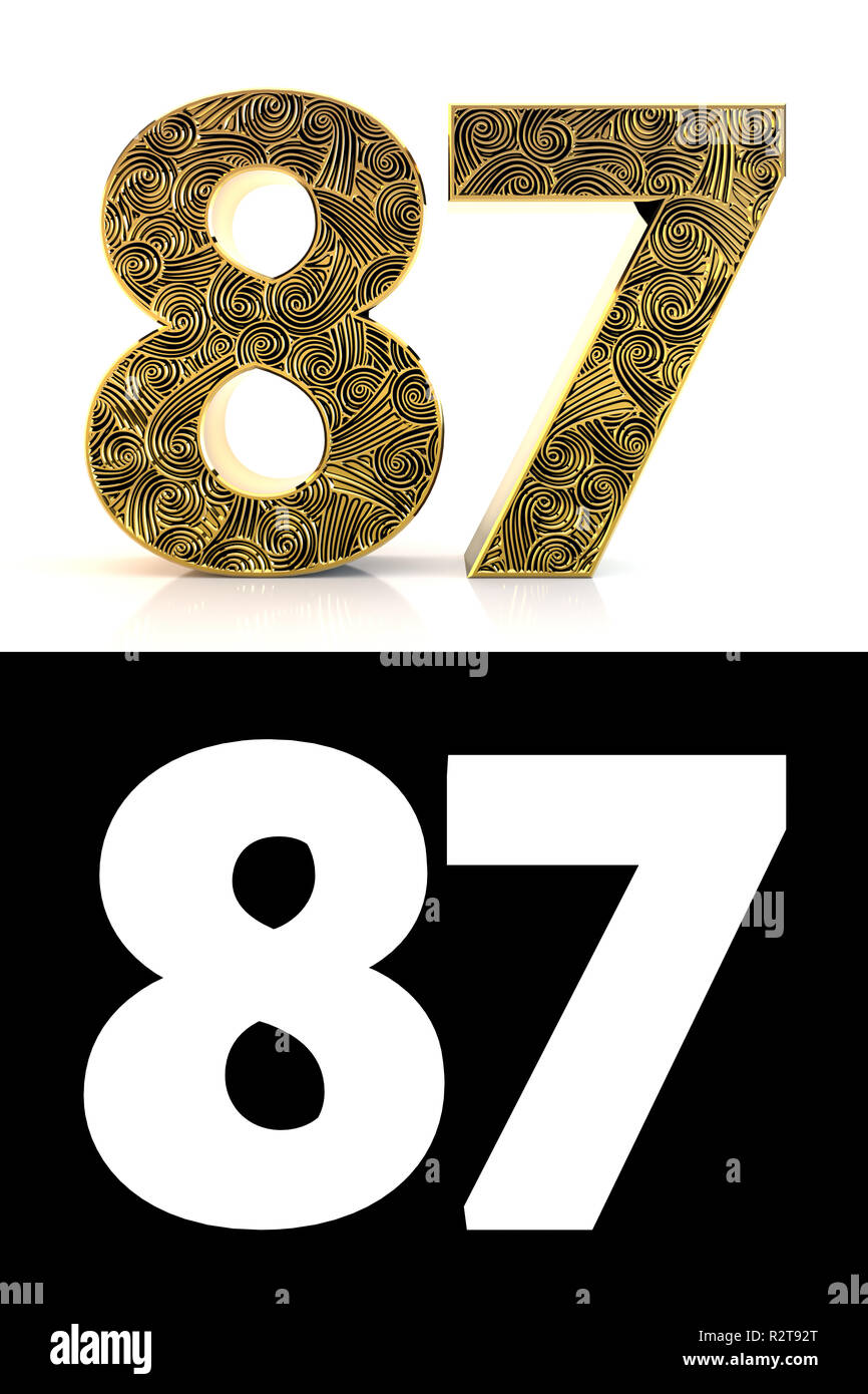 Golden number eighty-seven (87 years) on white background with pattern ...
