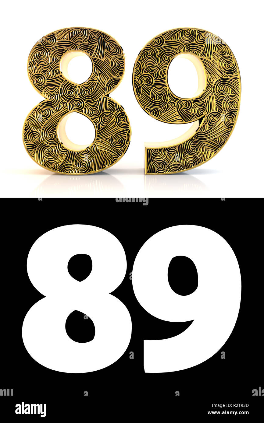 Golden number eighty-nine (89 years) on white background with pattern ...