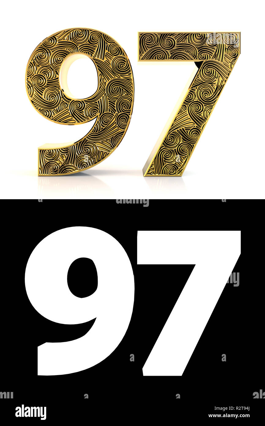 Golden number ninety-seven (97 years) on white background with pattern ...