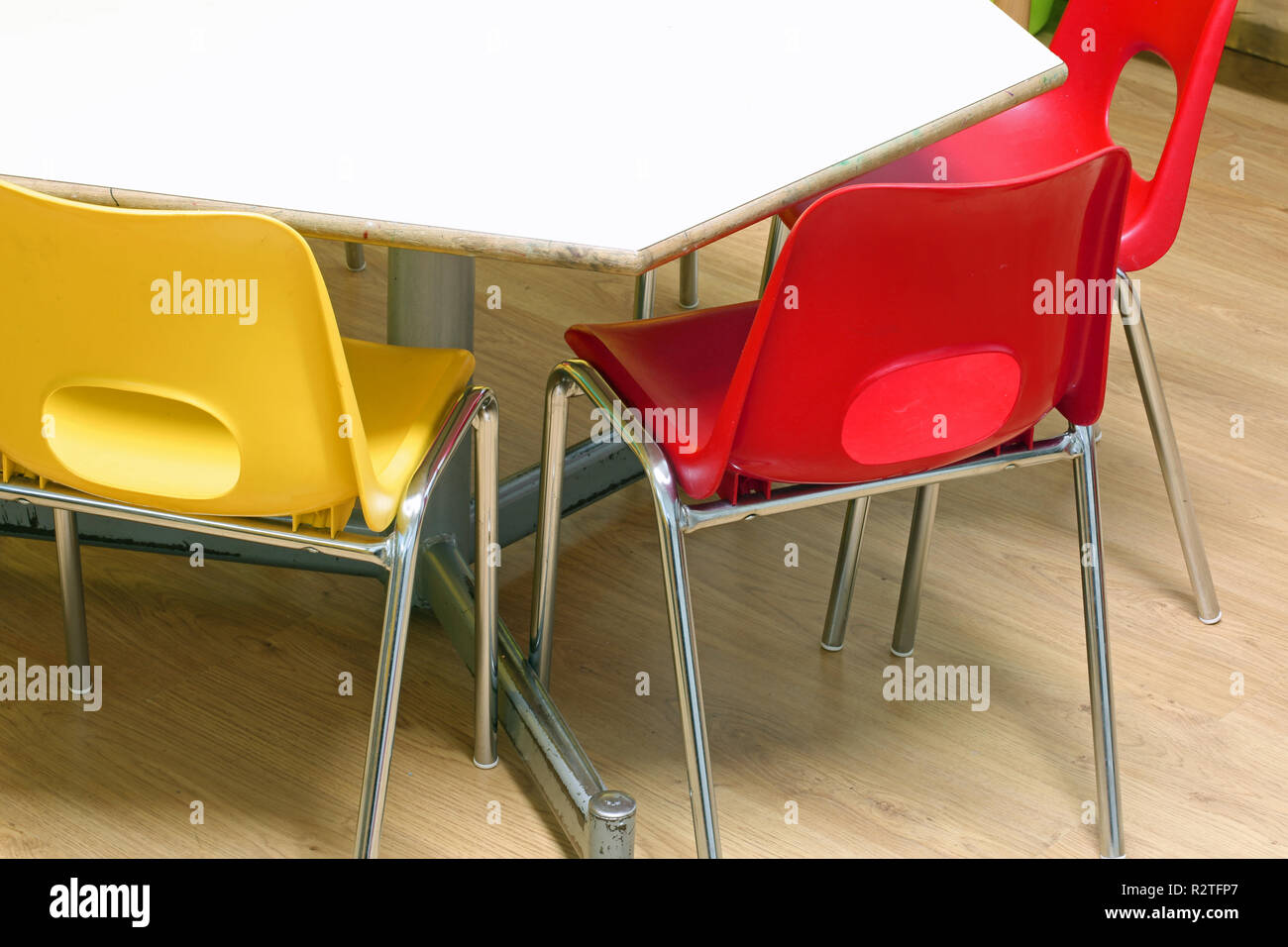 red and yellow chairs in the classroom of the primary school Stock ...